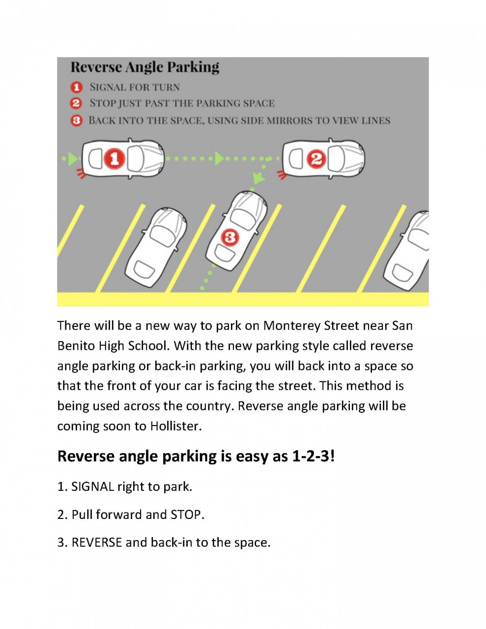 City implements reverse-angle parking in front of high school | BenitoLink