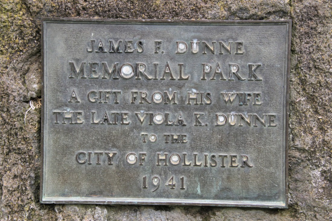 A plaque in Dunne Park states the land for the James F. Dunne Park was ...